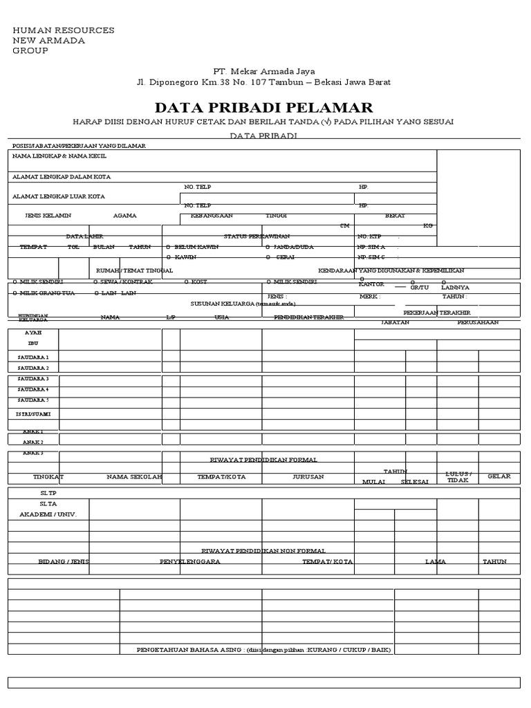 Formulir Lamaran Kerja PT. Mekar Armada Jaya | PDF