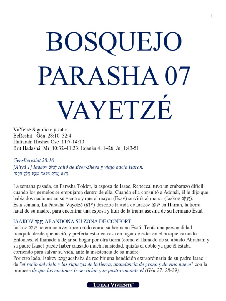 Bosquejo Parasha 07 Vayetze | PDF | Rachel | Abrahán
