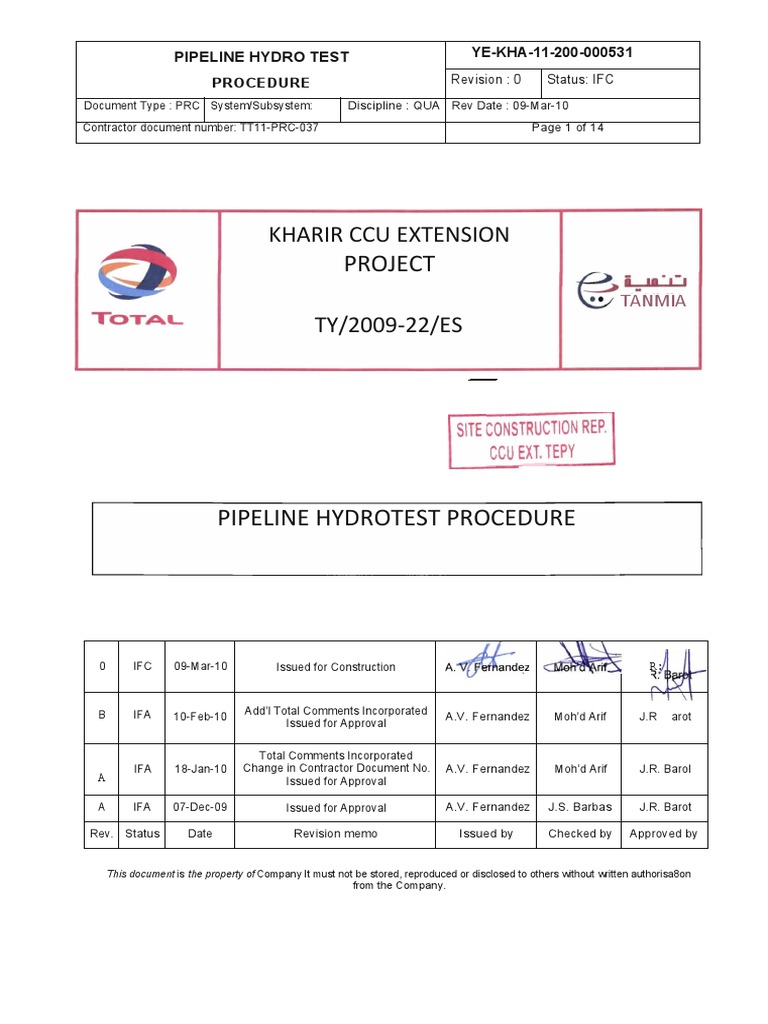 TT11 PRC 037 Rev.0 Pipeline Hydrotest Procedure | PDF | Pipeline ...