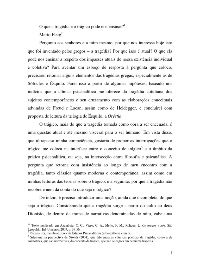O Que A Tragédia e o Trágico Pode Nos Ensinar Mario Fleig | PDF ...