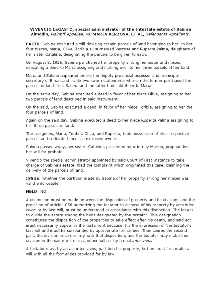Legasto V Verzosa Digest | PDF | Will And Testament | Legal Documents