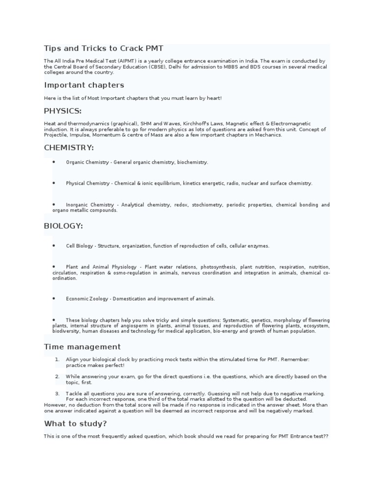 Tips and Tricks To Crack PMT | PDF | Question | Test (Assessment)