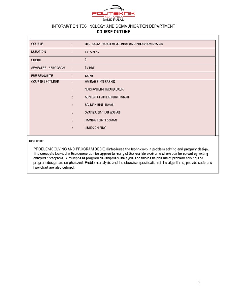 Course Outline PSPD | PDF | Educational Technology | Computer Programming