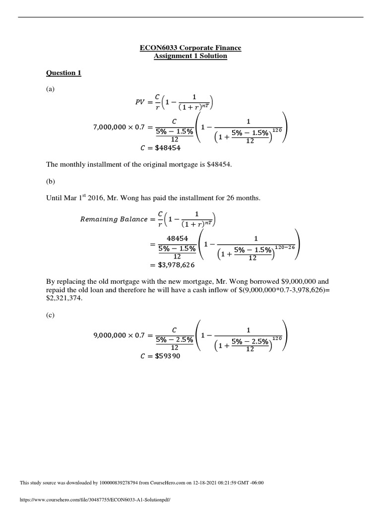 Corporate Finance Assignment Solutions | PDF | Mortgage Loan | Personal ...