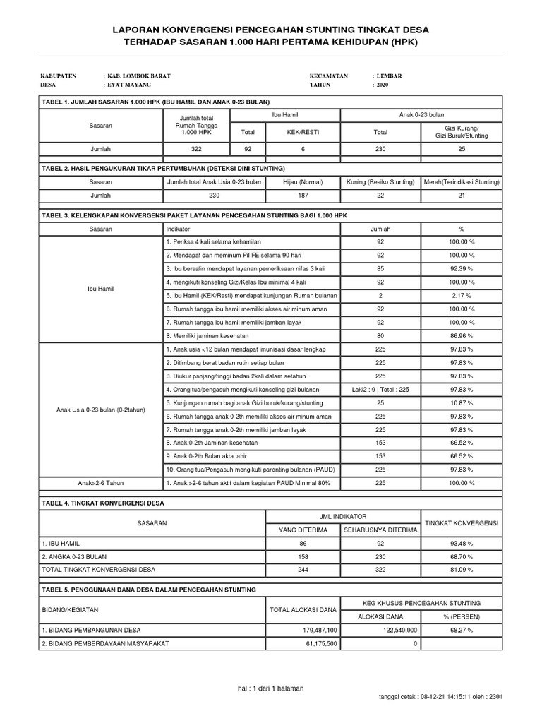 Laporan Konvergensi Pencegahan Stunting Desa Eyat Mayang | PDF