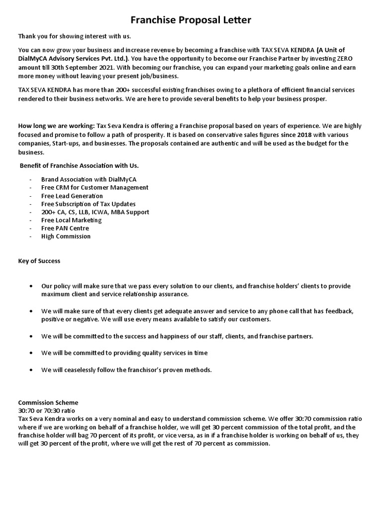 Franchise Proposal Letter | PDF | Franchising | Customer Relationship ...