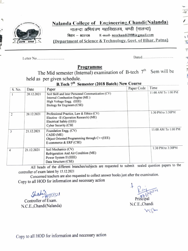B.Tech 7th Sem Exam Schedule | PDF | Electrical Engineering | Science