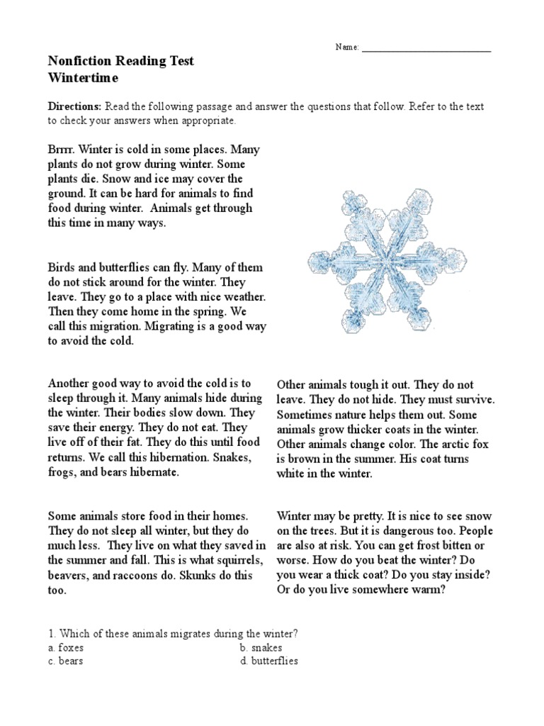 Nonfiction Reading Test Wintertime | PDF | Zoology