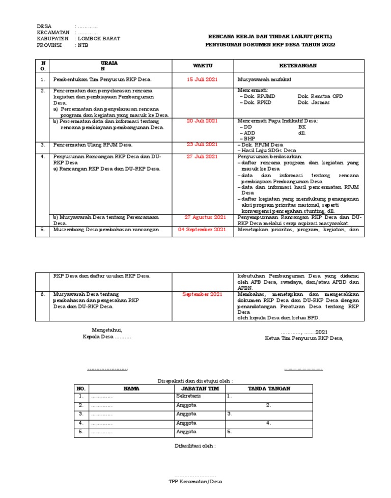 Format RKTL Penyusunan RKP Desa | PDF