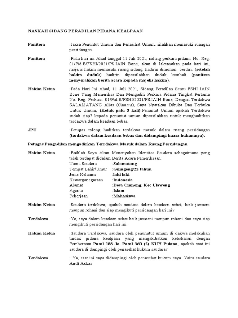 Naskah Sidang Peradilan Pidana Kealpaan Fixx 1-1 | PDF