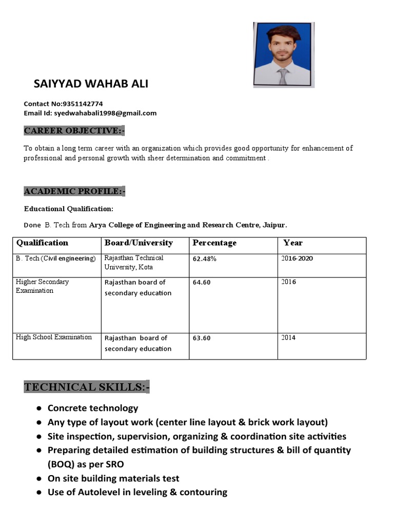 Civil Engineer Resume: Saiyyad Wahab Ali | PDF | Engineering