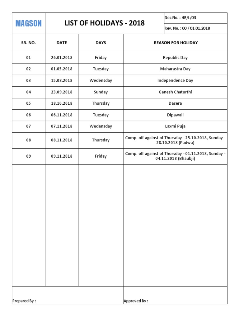Magson Holiday Schedule 2018-2020 | PDF | Holidays | Observances