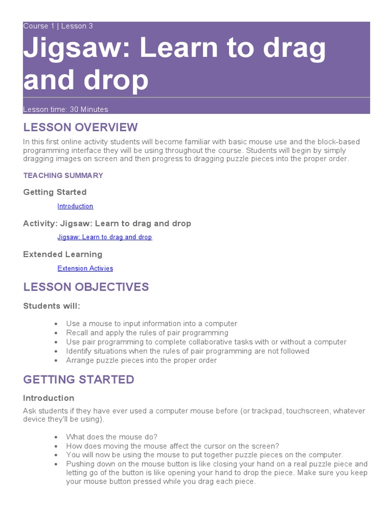 Jigsaw: Learn To Drag and Drop: Lesson Overview | PDF | Common Core ...