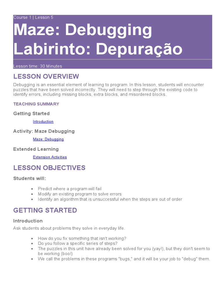 Maze: Debugging Labirinto: Depuração: Lesson Overview | PDF | System ...