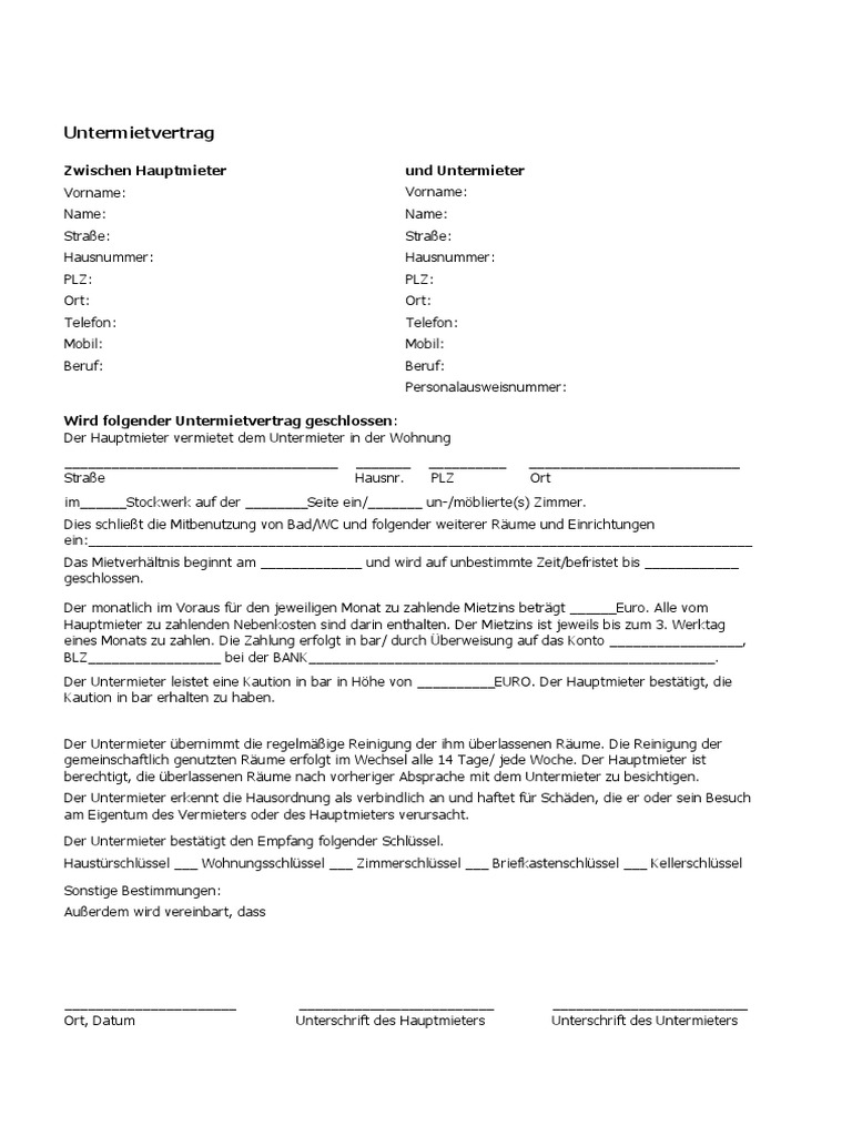 Untermietvertrag Blanko | PDF