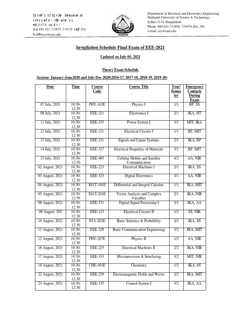 Invigilation Schedule Final Exam of EEE-2021: Updated On July 05, 2021 ...