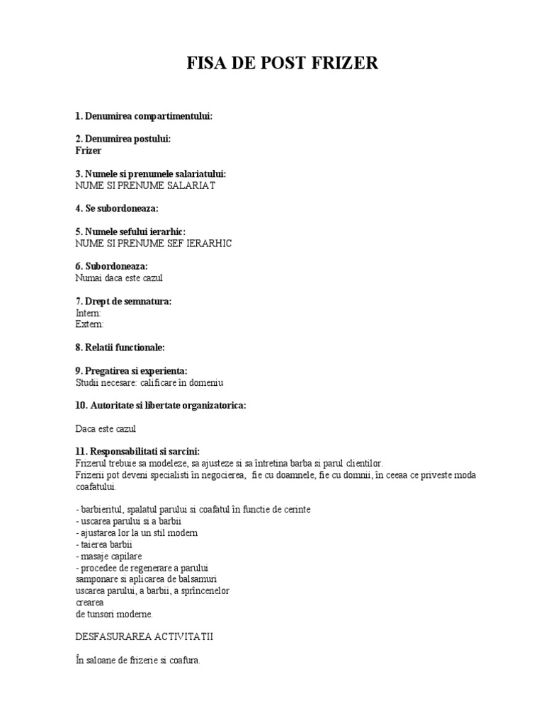 FISA DE POST FRIZER, Coafor, Manichiurista | PDF