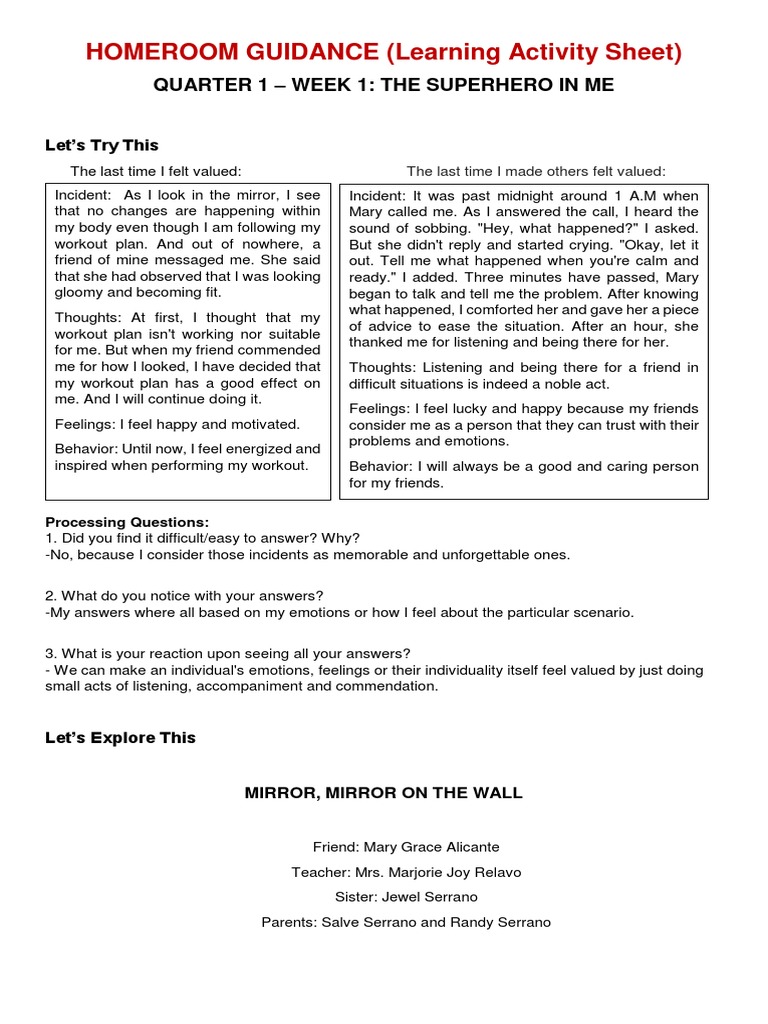 HOMEROOM GUIDANCE (Learning Activity Sheet) : Quarter 1 - Week 1: The ...