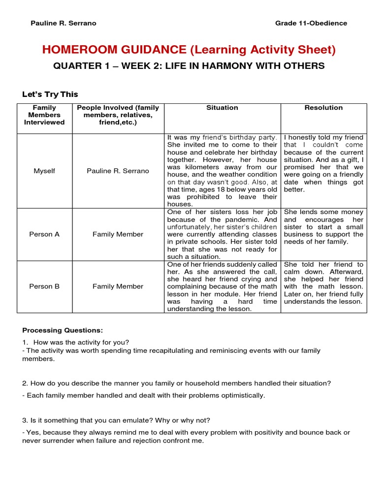 HOMEROOM GUIDANCE (Learning Activity Sheet) : Quarter 1 - Week 2: Life ...
