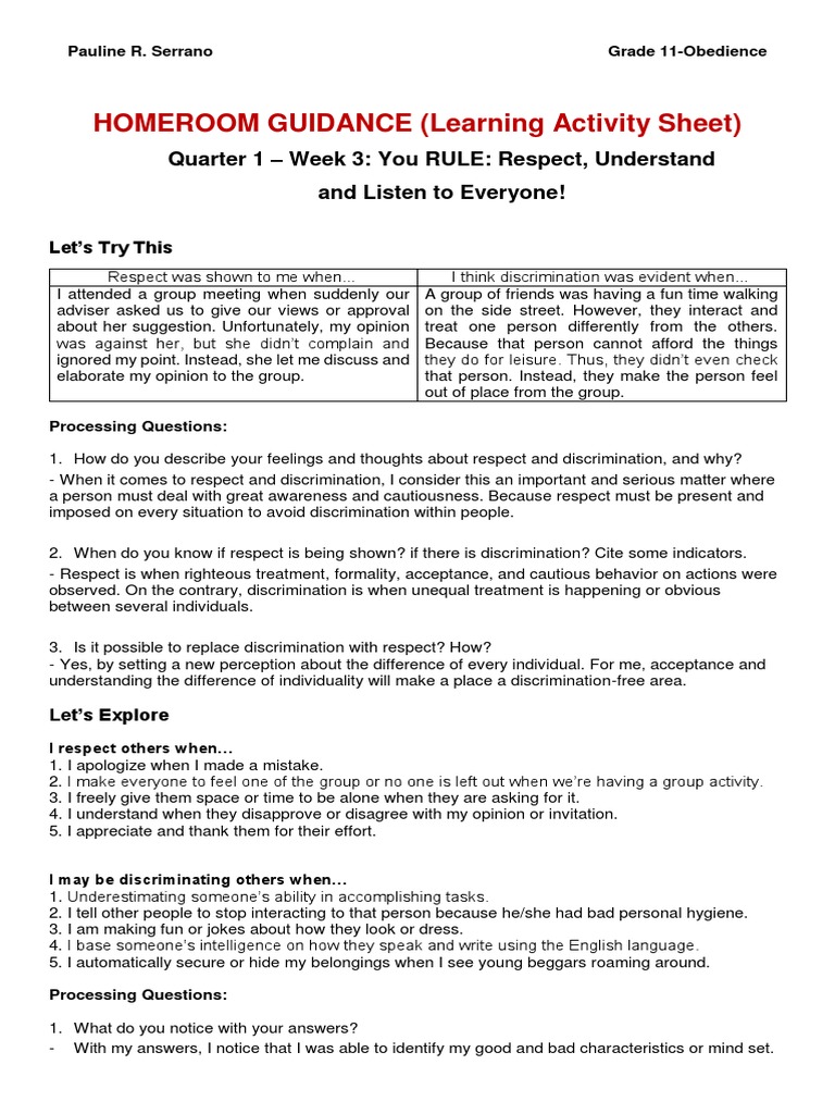 HOMEROOM GUIDANCE (Learning Activity Sheet) : Quarter 1 - Week 3: You ...