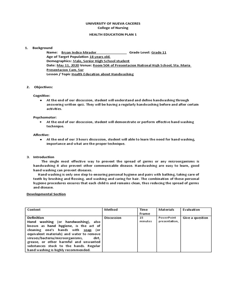 Health Education Plan (Handwashing) . | PDF | Hand Washing | Hygiene