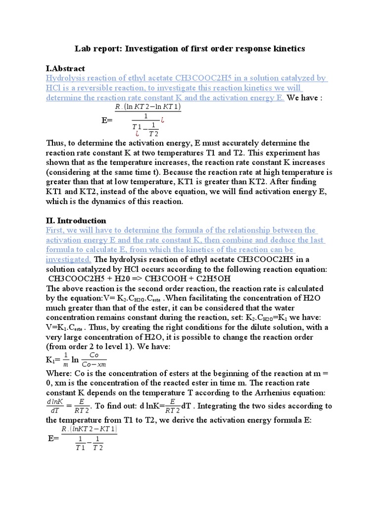 Lab Report: Investigation of First Order Response Kinetics: I.Abstract ...