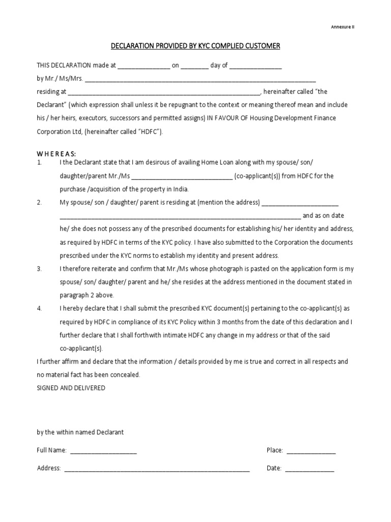 DECLARATION PROVIDED BY KYC COMPLIED CUSTOMER - Annexure II | PDF | Common Law | Justice