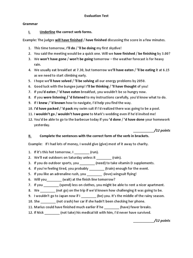 Evaluation Test Grammar I. Underline The Correct Verb Forms | PDF
