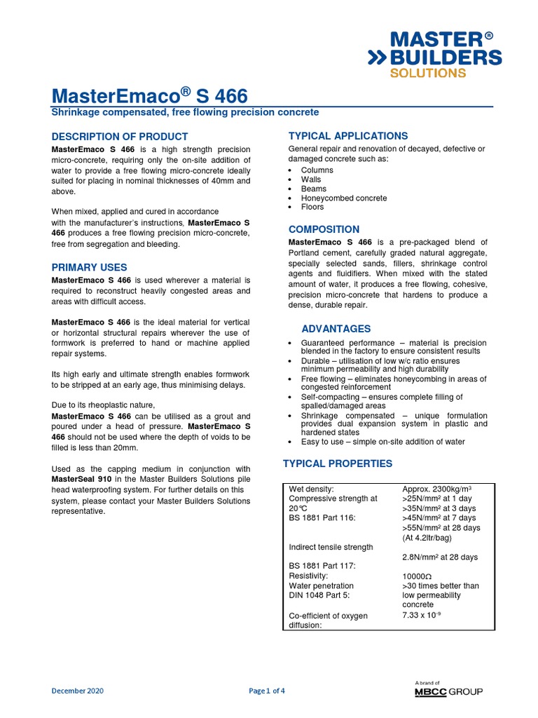 Masteremaco S 466 Tds | PDF | Concrete | Cement