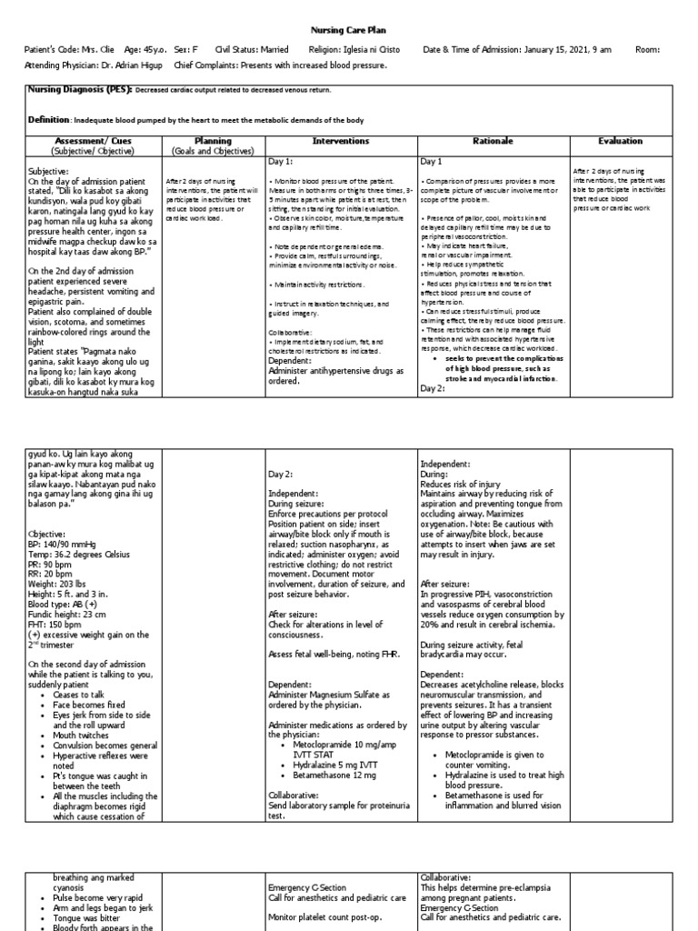 Nursing Care Plan: Decreased Cardiac Output Related To Decreased Venous ...