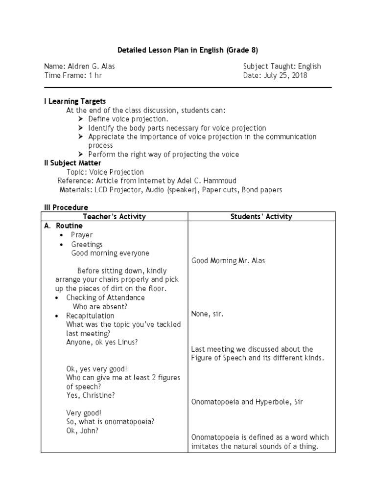 Detailed Lesson Plan in English (Grade 8) | PDF