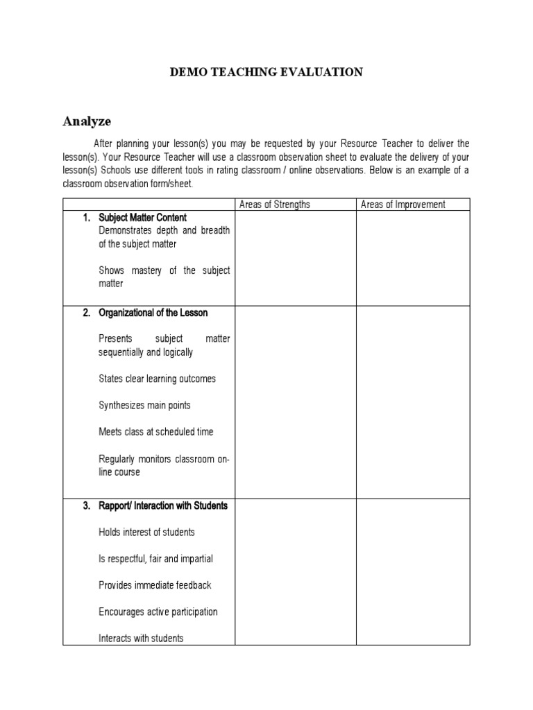 DEMO TEACHING EVALUATION FORM | PDF | Classroom | Teachers