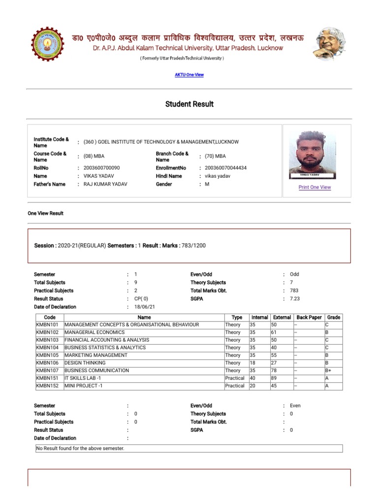 Student Result: Session: 2020-21 (REGULAR) Semesters: 1 Result: Marks ...