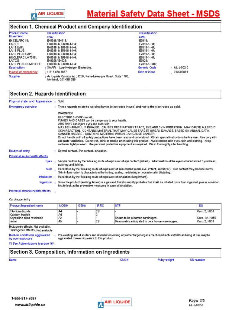 Blueshield Nuclearc 7018 MSDS | PDF | Dangerous Goods | Particulates
