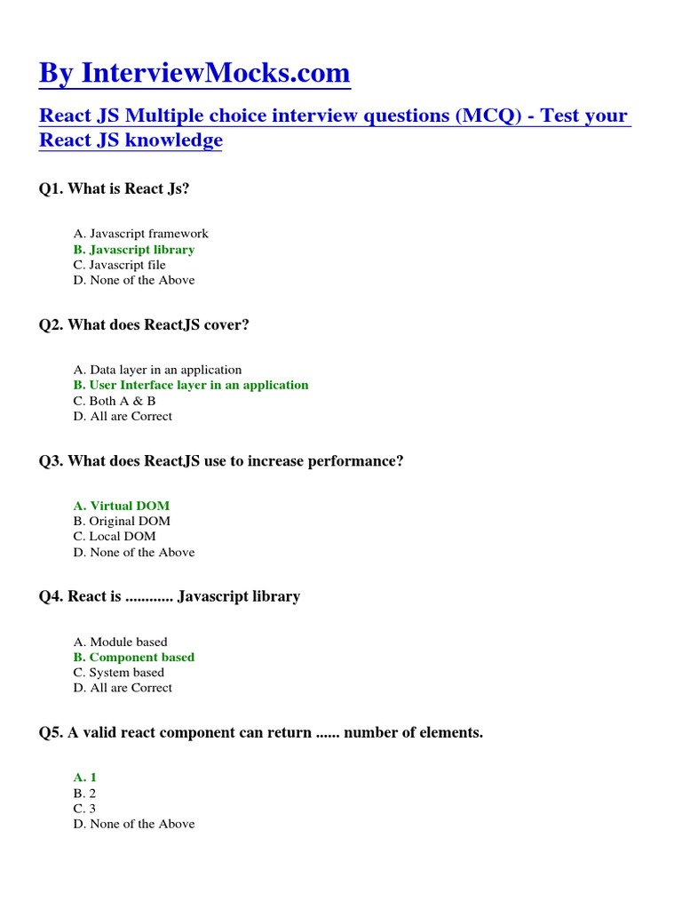React Js Multiple Choice Interview Questions Mcq Test Your React Js