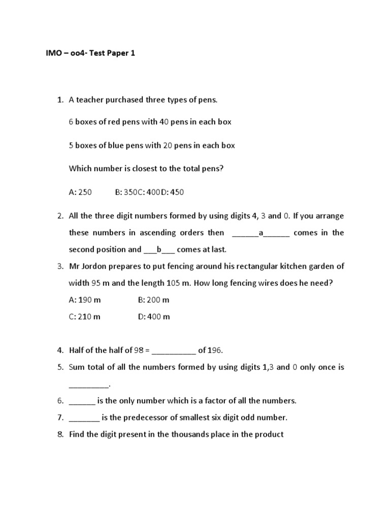 IMO-Test Paper - Grade 4 - 1 | PDF | Hour | Mathematics