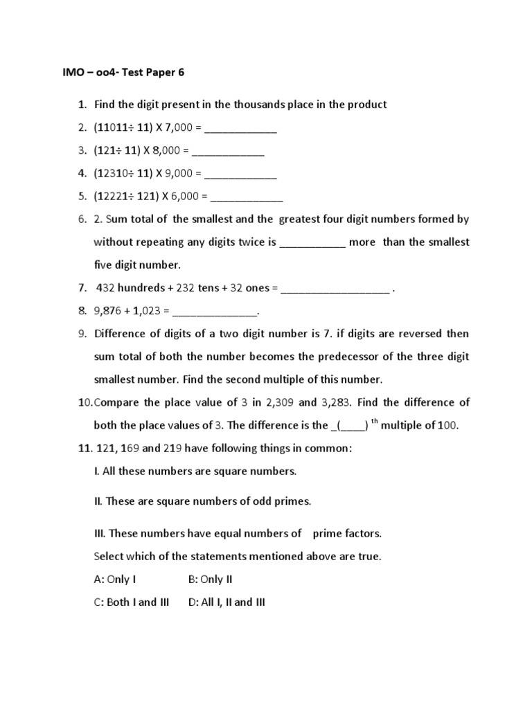 IMO-Test Paper - Grade 4 - 6 | PDF | Prime Number | Numbers