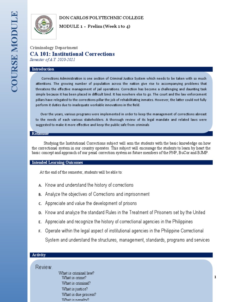 CA 101 INSTITUTIONAL CORRECTIONS Module 1 | PDF | Prison | Restorative ...