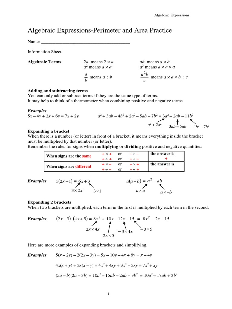 Algebraic Expressions-Perimeter and Area Practice: Algebraic Terms ...