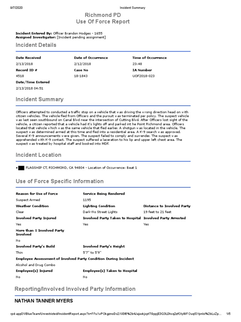 Richmond PD Use of Force Report: Nathan Tanner Myers | PDF | Probation ...