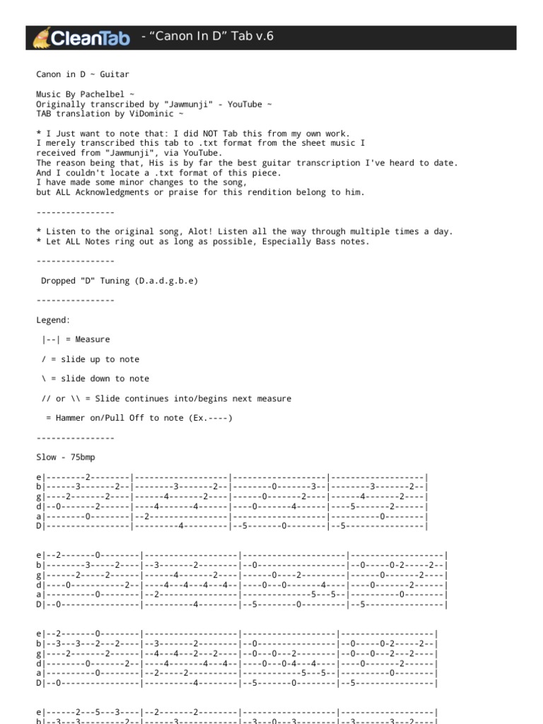 Canon In D Guitar Tab Pdf Pachelbel S Canon Musical Compositions