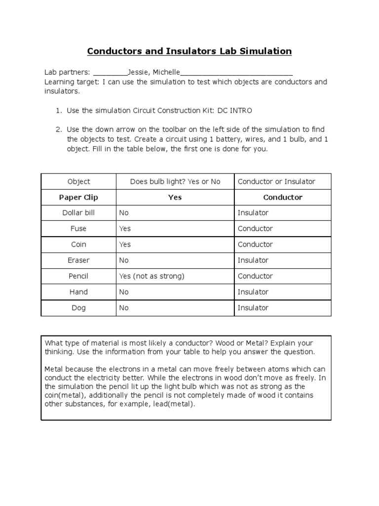 Conductors and Insulators Lab Guide | PDF | Insulator (Electricity ...