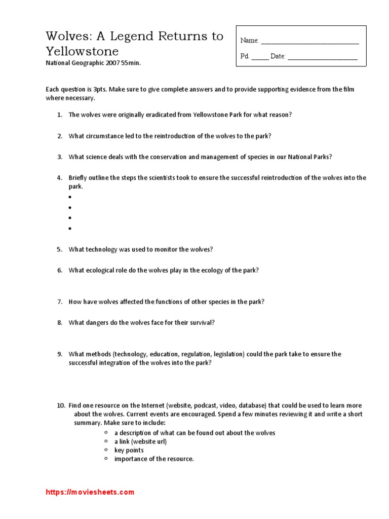Wolves' Return to Yellowstone: Worksheet | PDF | Science & Mathematics