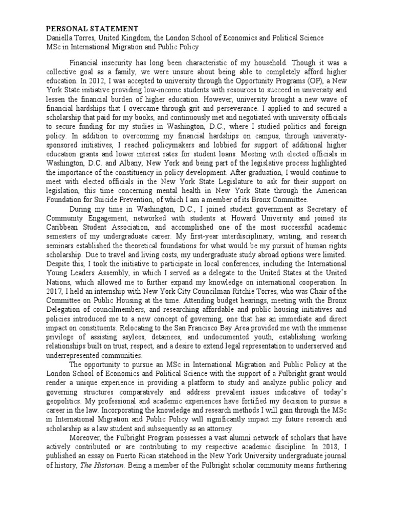 Personal Statement Example 1 - Fulbright Application | PDF | London ...