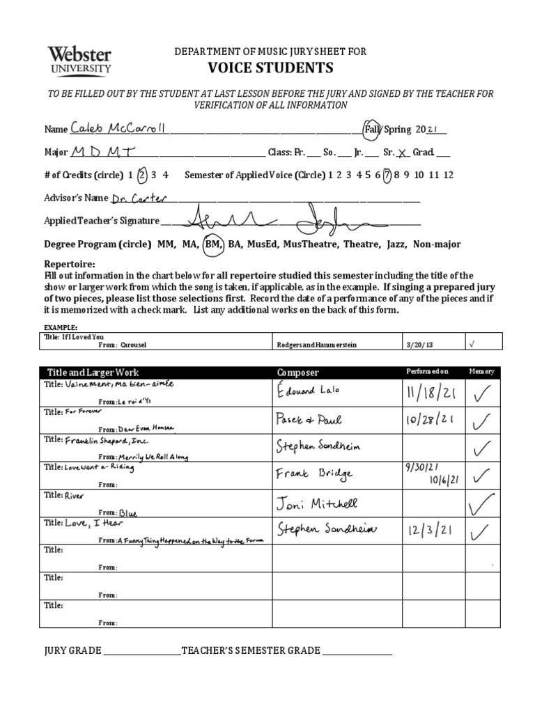Voice Students: Department of Music Jury Sheet For | PDF