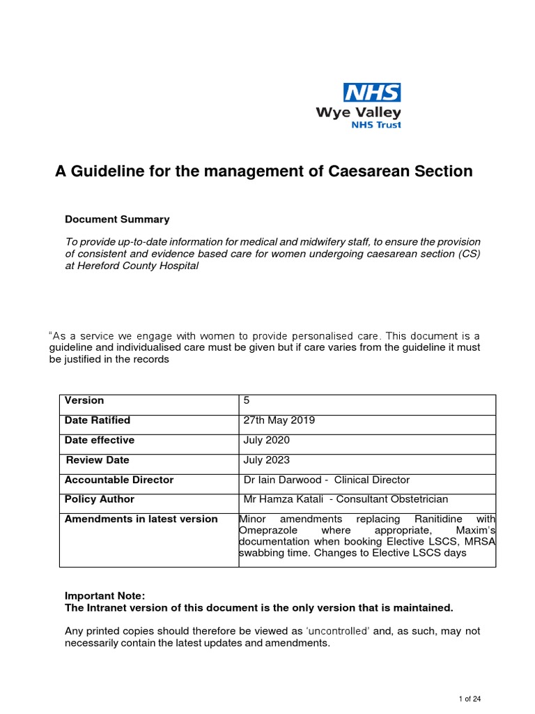A Guideline For The Management of Caesarean Section: Document Summary ...