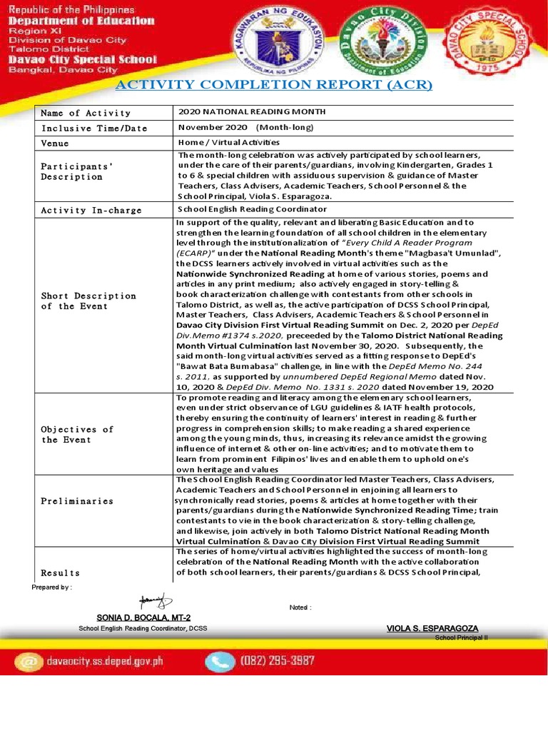 2020 National Reading Month ACR | PDF | Education Theory | Pedagogy
