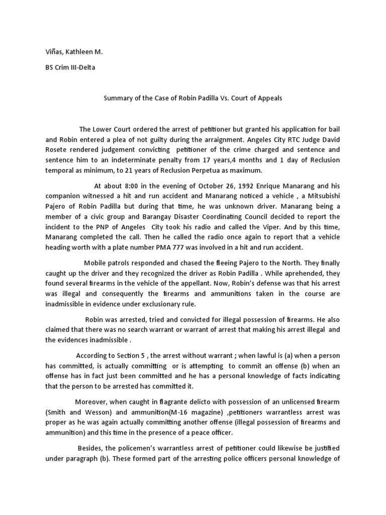 (CA) Case of Robin Padilla VS, C.O. Appeals | PDF | Plea | Arrest