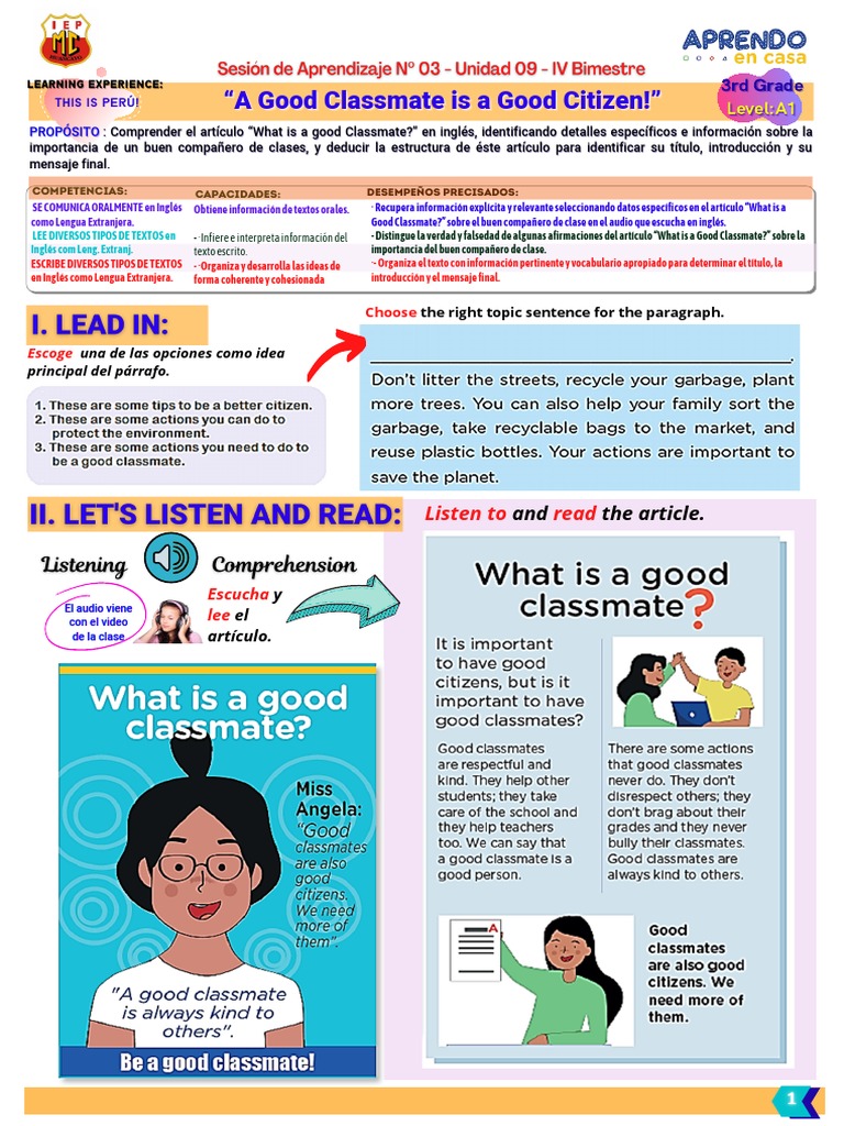 U9 - s3 Worksheet Good Classmate | Descargar gratis PDF | Comunicación ...