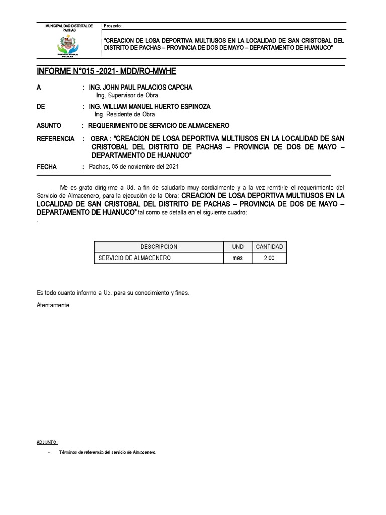 Informe N°015 Servicio de Almacenero (TDR) | PDF